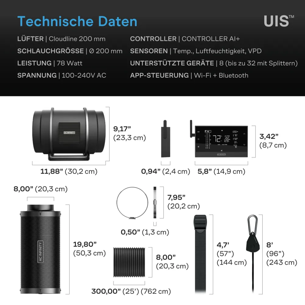 AC Infinity Cloudline Abluftset Pro T8 AI+ | silent | EC | 1370 ³/h ...