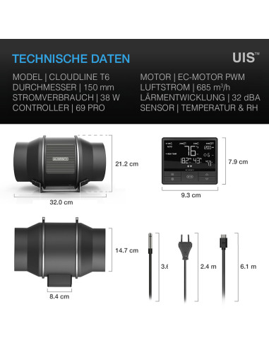 AC Infinity Cloudline Pro T6 – leiser 150mm Inline-Lüfter mit Steuerung