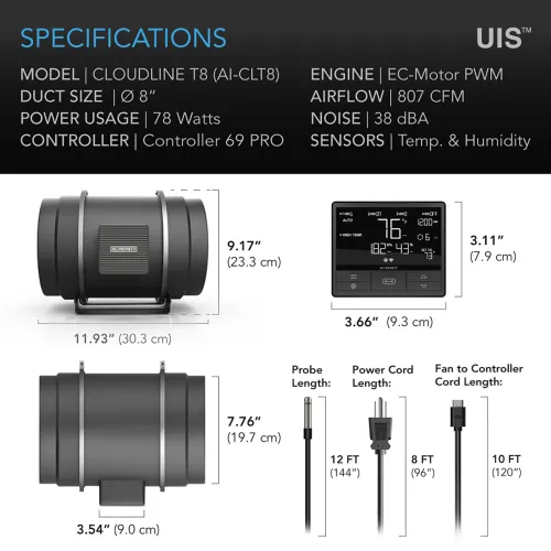 AC Infinity Cloudline Pro T8 – 200mm leiser Inline-Lüfter mit Steuerung